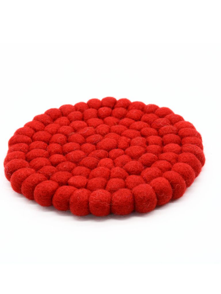 Handcrafted Crimson Red Round Felt Ball Trivet 20cm - Wool Felt Craft ...